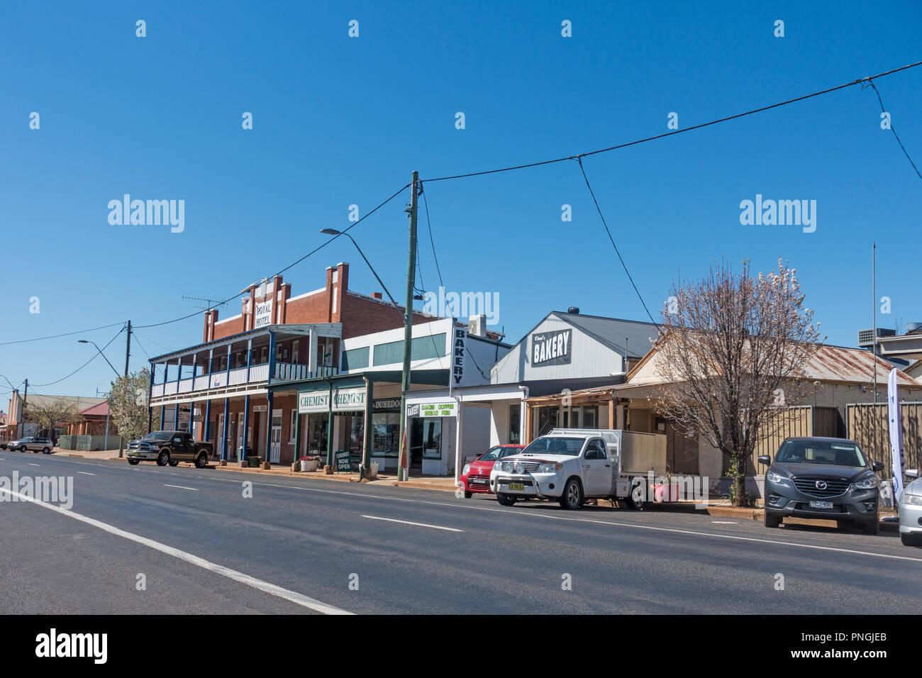 Main Street Dunedoo NSW Australia with baker,chemist and hotel Stock ...