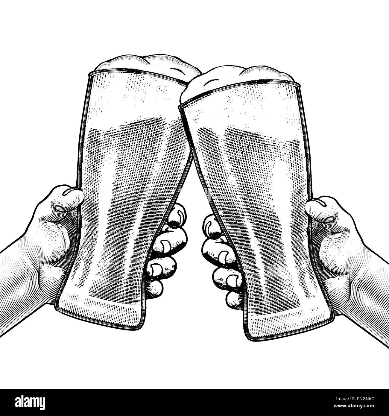 Hands Holding Beer Glasses And Cheering With Each Other In Engraved