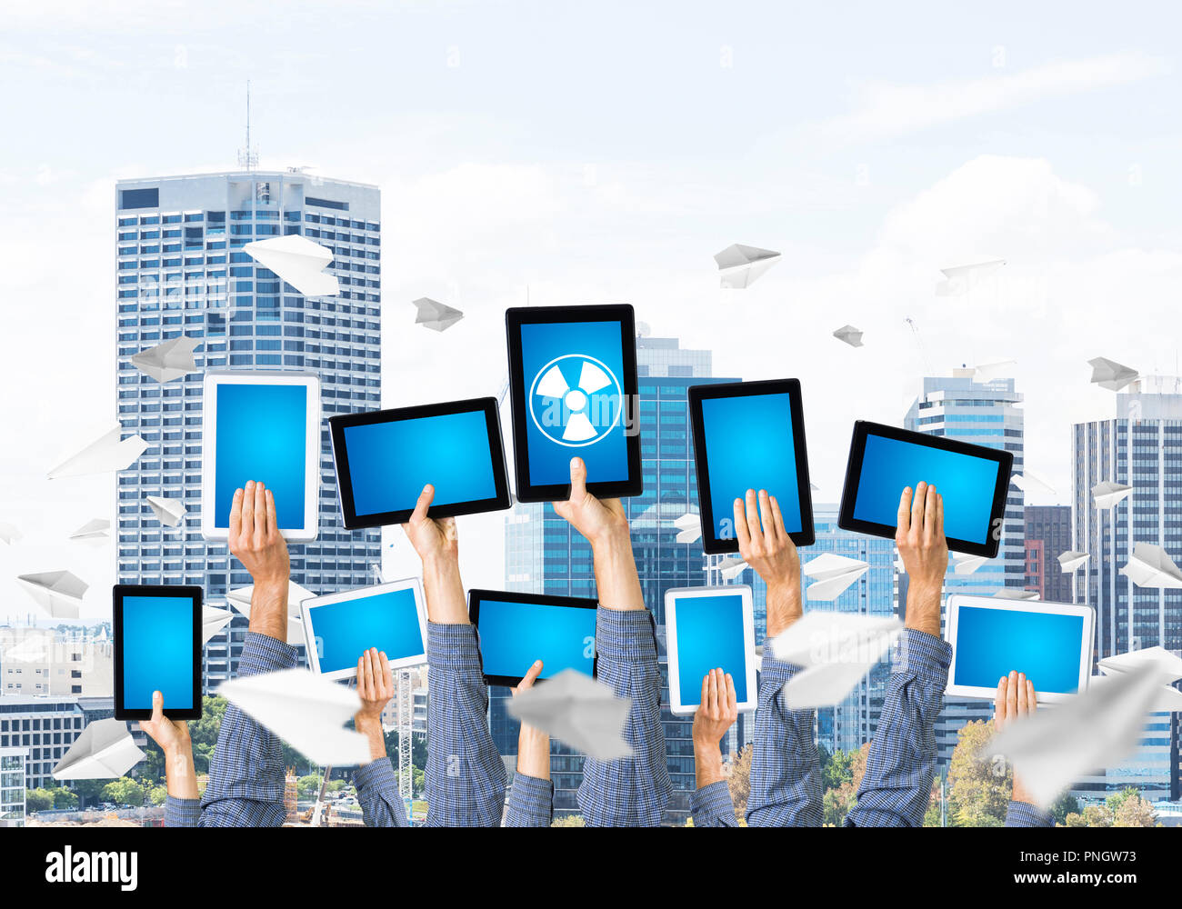 Close of man hands in line showing tablet pc with blank blue screen ...