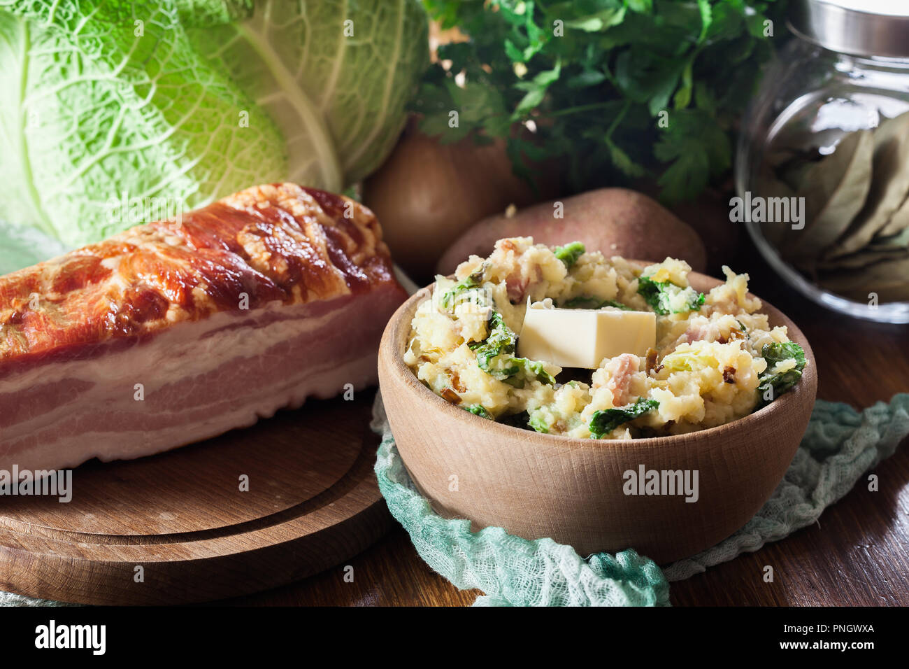 Colcannon, traditional Irish dish with mashed potatoes, bacon and ...