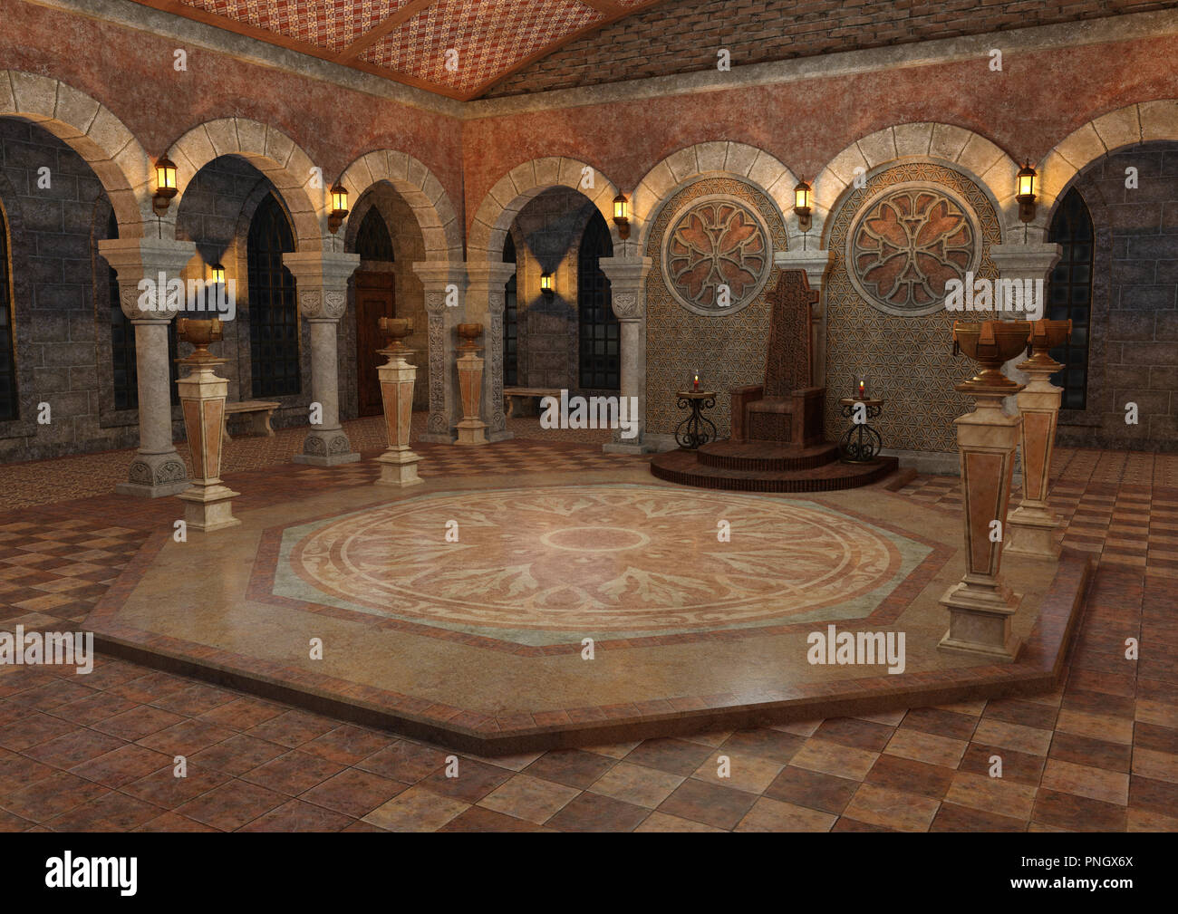 3D digital render of a throne room in a fairy tale medieval castle ...