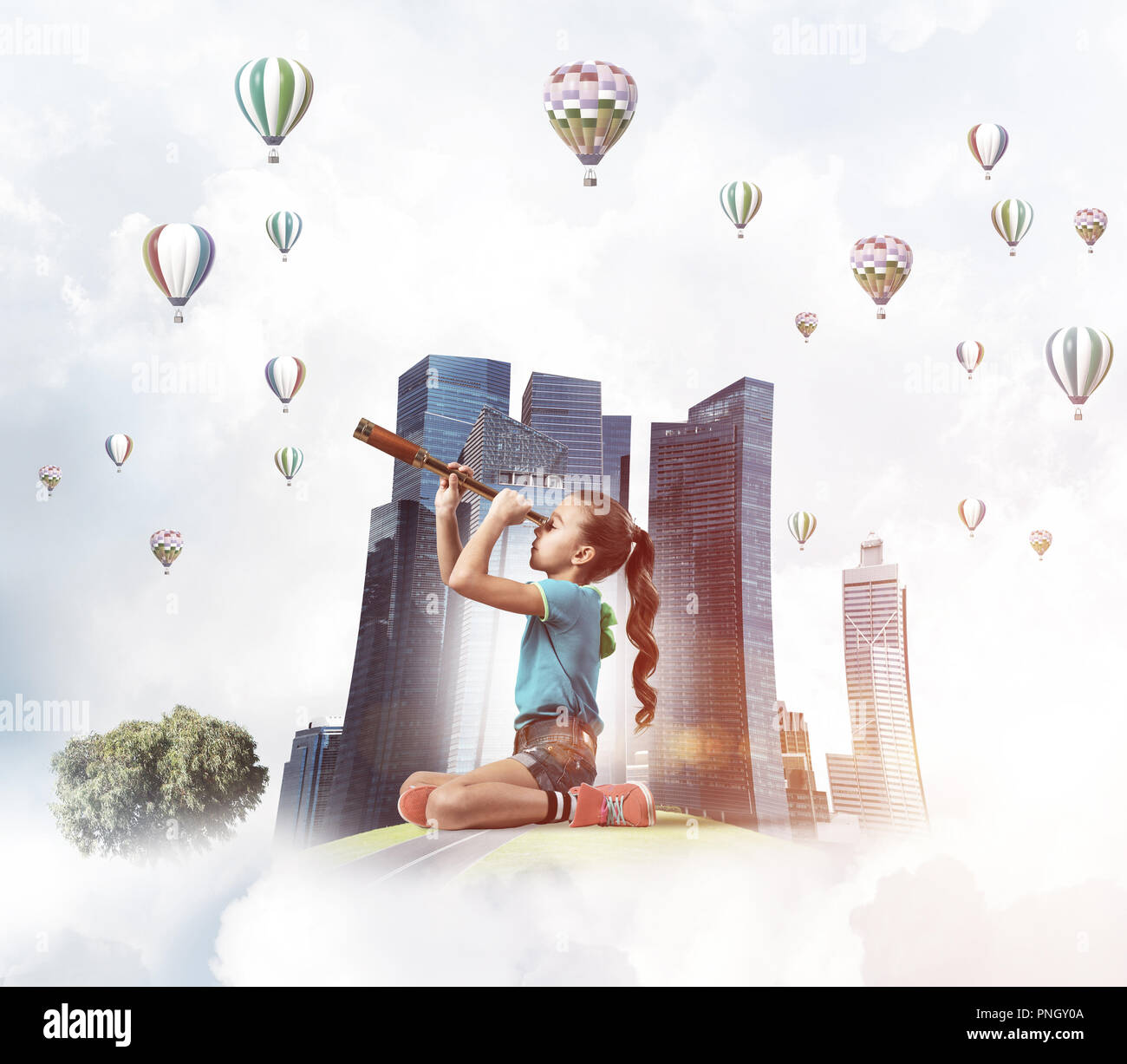 Concept of careless happy childhood with girl looking in future Stock ...