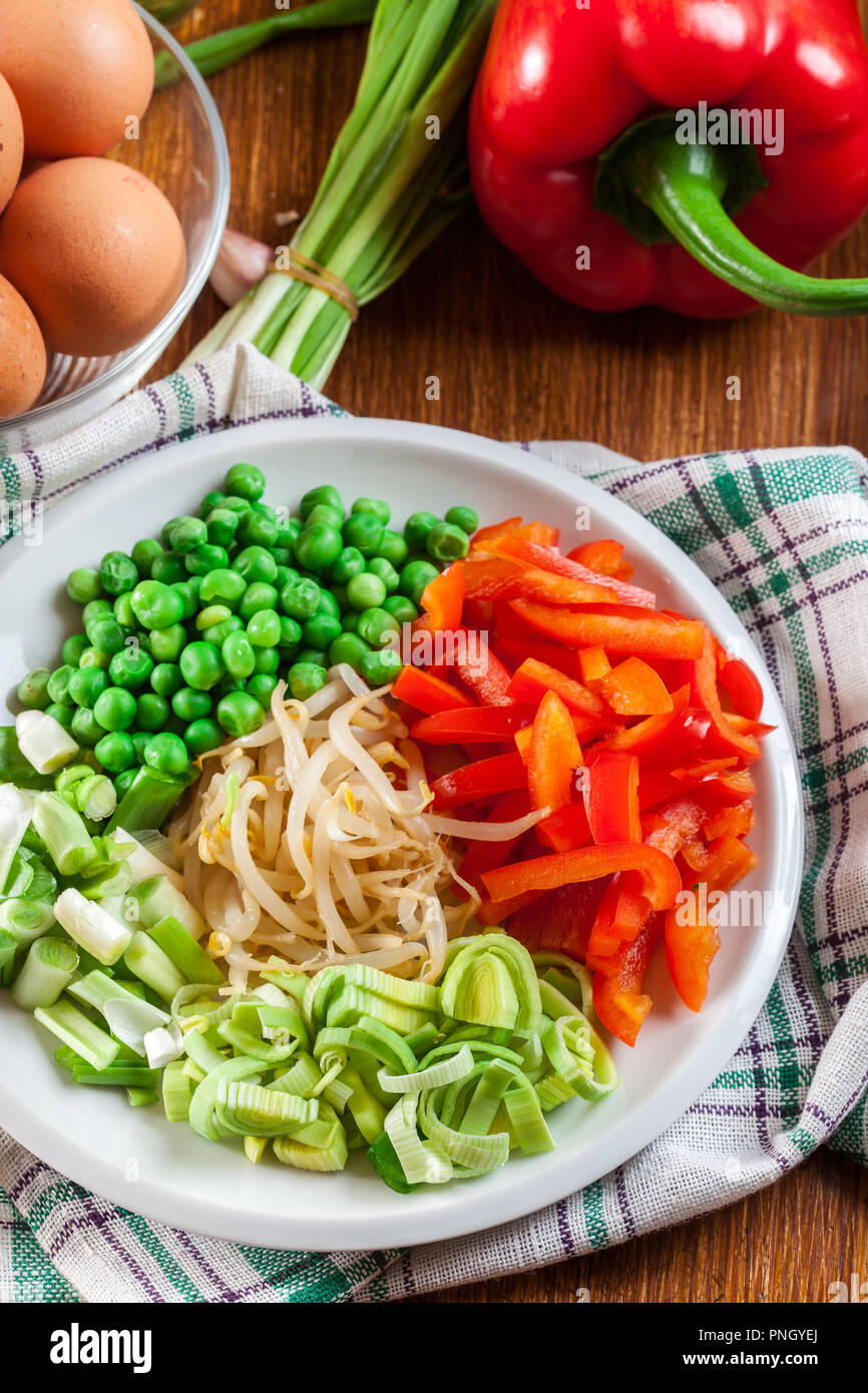 Ingredients ready for preparing chinese egg fu yung omelette. Top view ...
