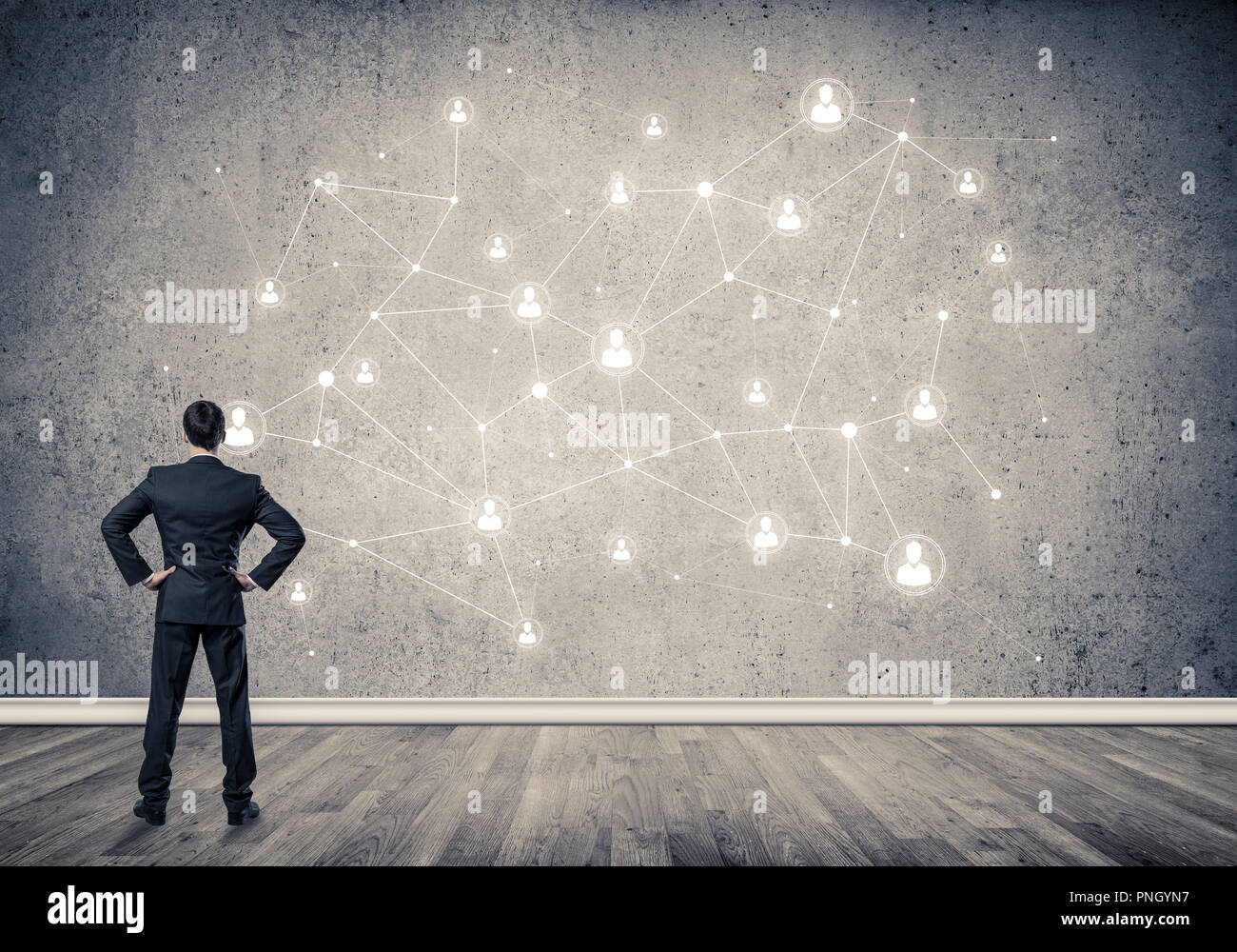 Connection lines drawn on concrete wall as symbol for networking Stock ...
