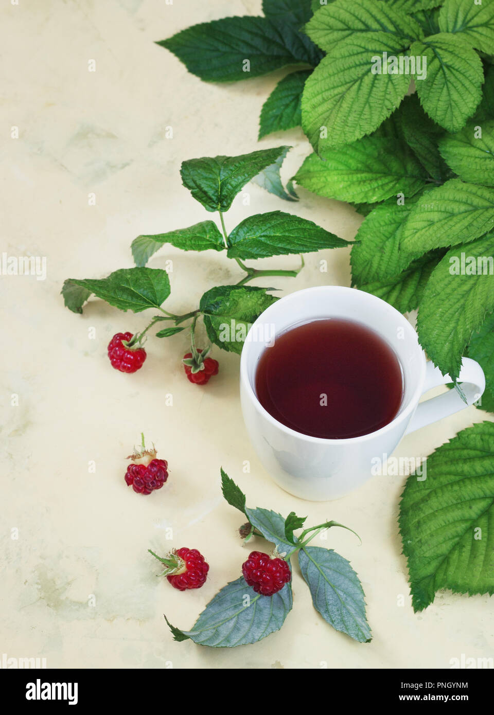 Raspberry tea with leaves and raspberries on a light background Stock ...