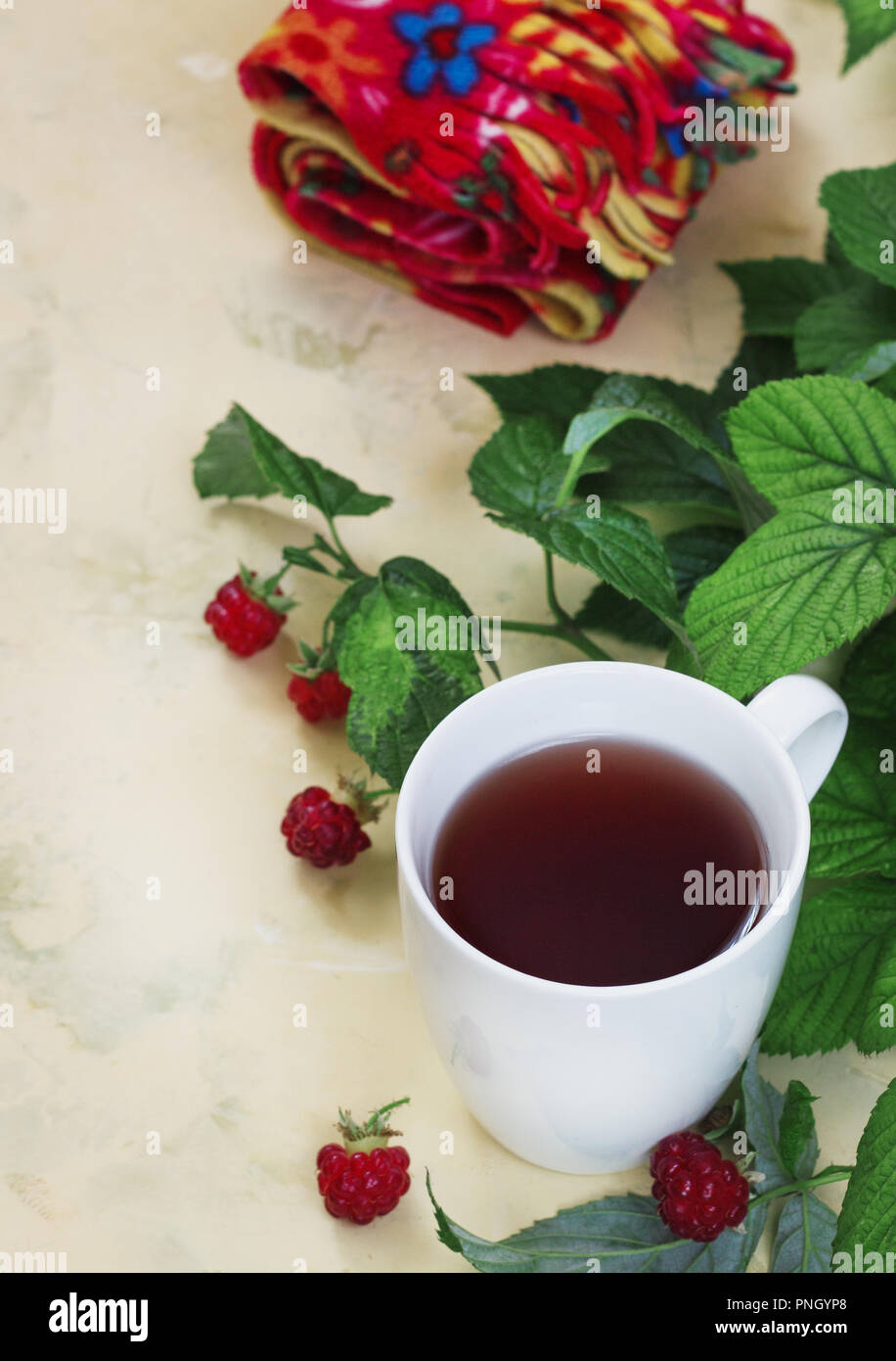 Raspberry tea with leaves and raspberries, warm scarf on a light ...