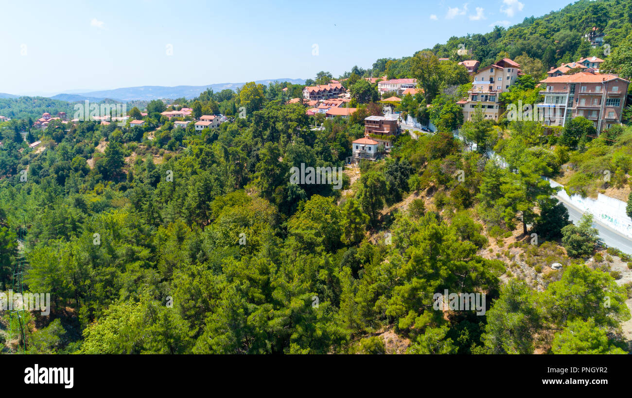 Aerial view of Pano Platres village,winter resort, on Troodos mountains ...