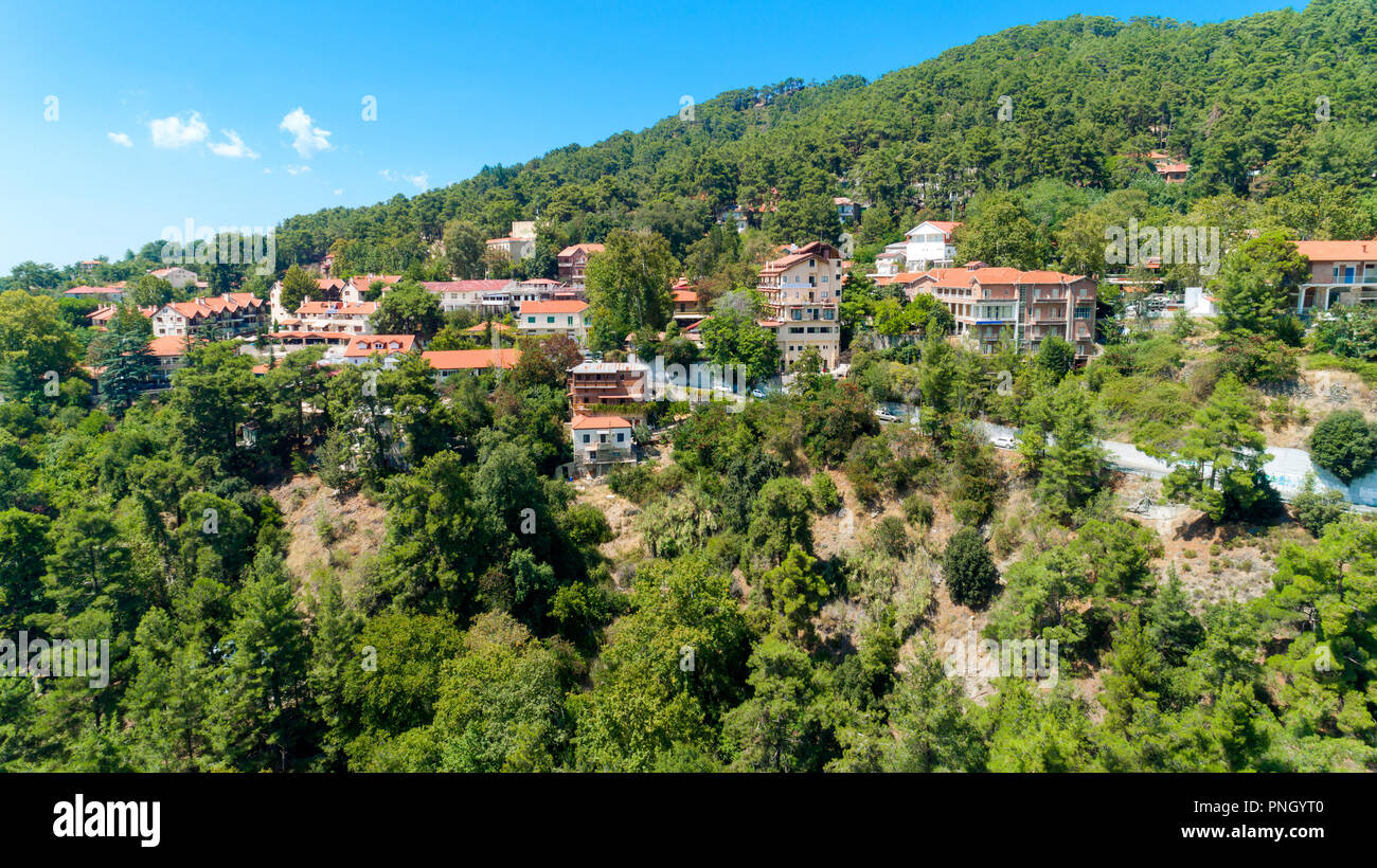Aerial view of Pano Platres village,winter resort, on Troodos mountains ...