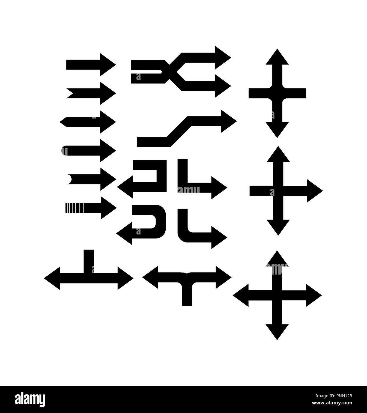 A set of silhouettes of arrows of different directions and different ...
