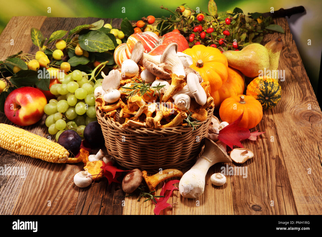 Autumn nature concept. Fall fruit and vegetables on wood. Thanksgiving ...