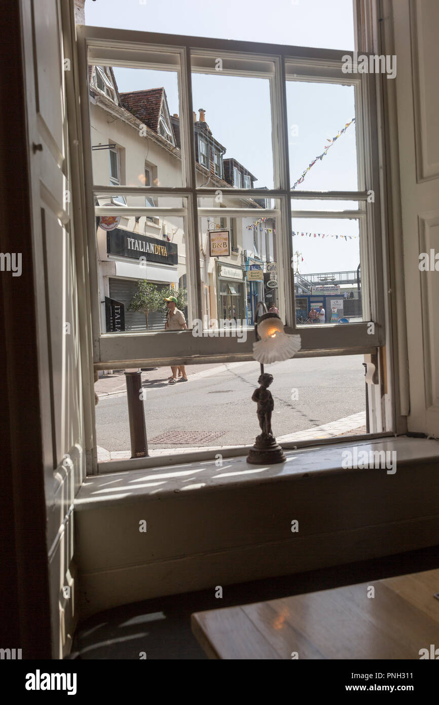 View from pub window of historic buildings in Poole Harbour, Poole ...