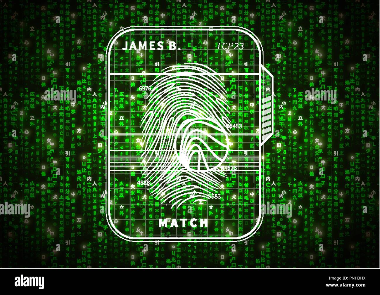 Fingerprint scan futuristic concept on green matrix symbols Stock ...