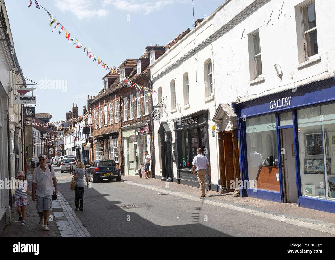 Historic buildings on High Street in old harbour area of Poole, Dorset ...