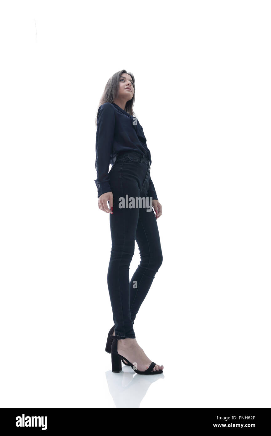 View from below young business woman standing Stock Photo - Alamy