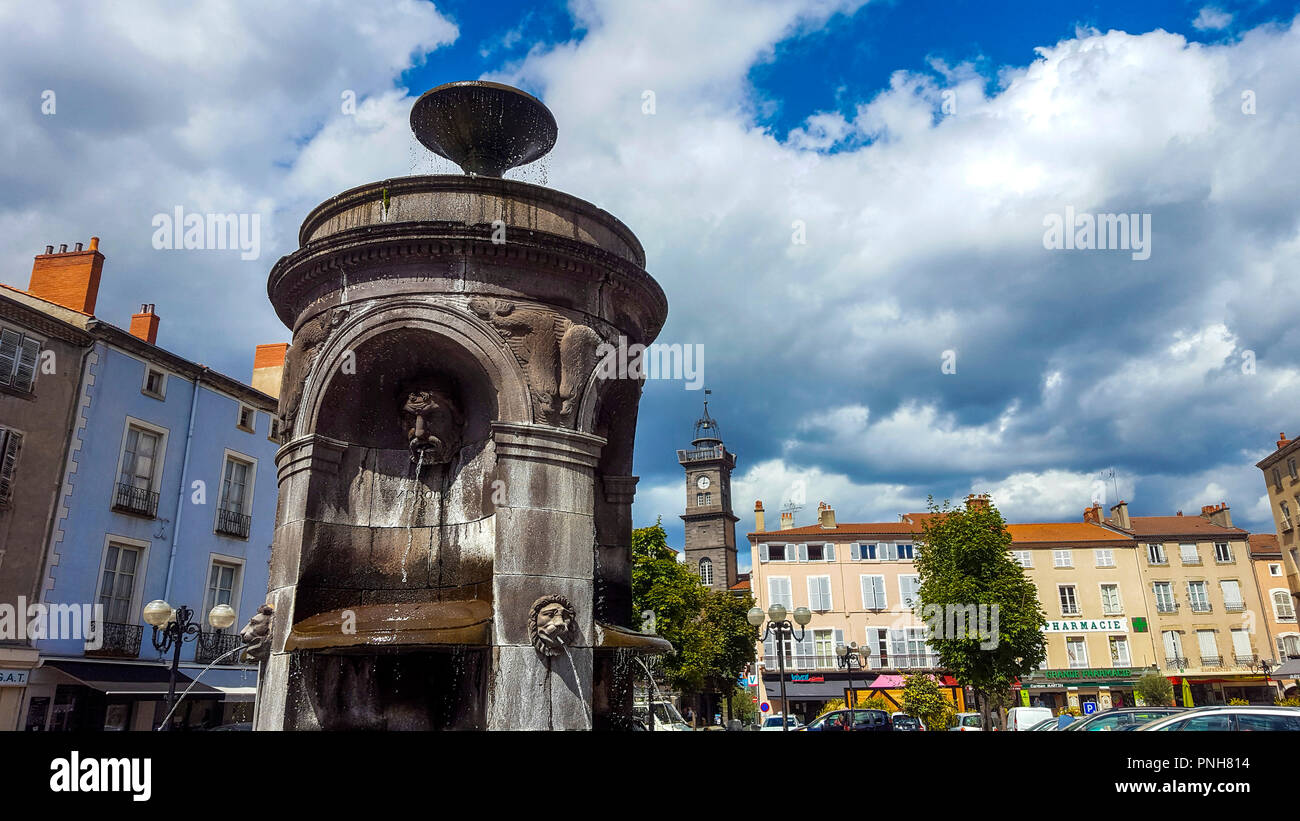 Issoire city, fountain on Republique square (Place de la Republique ...