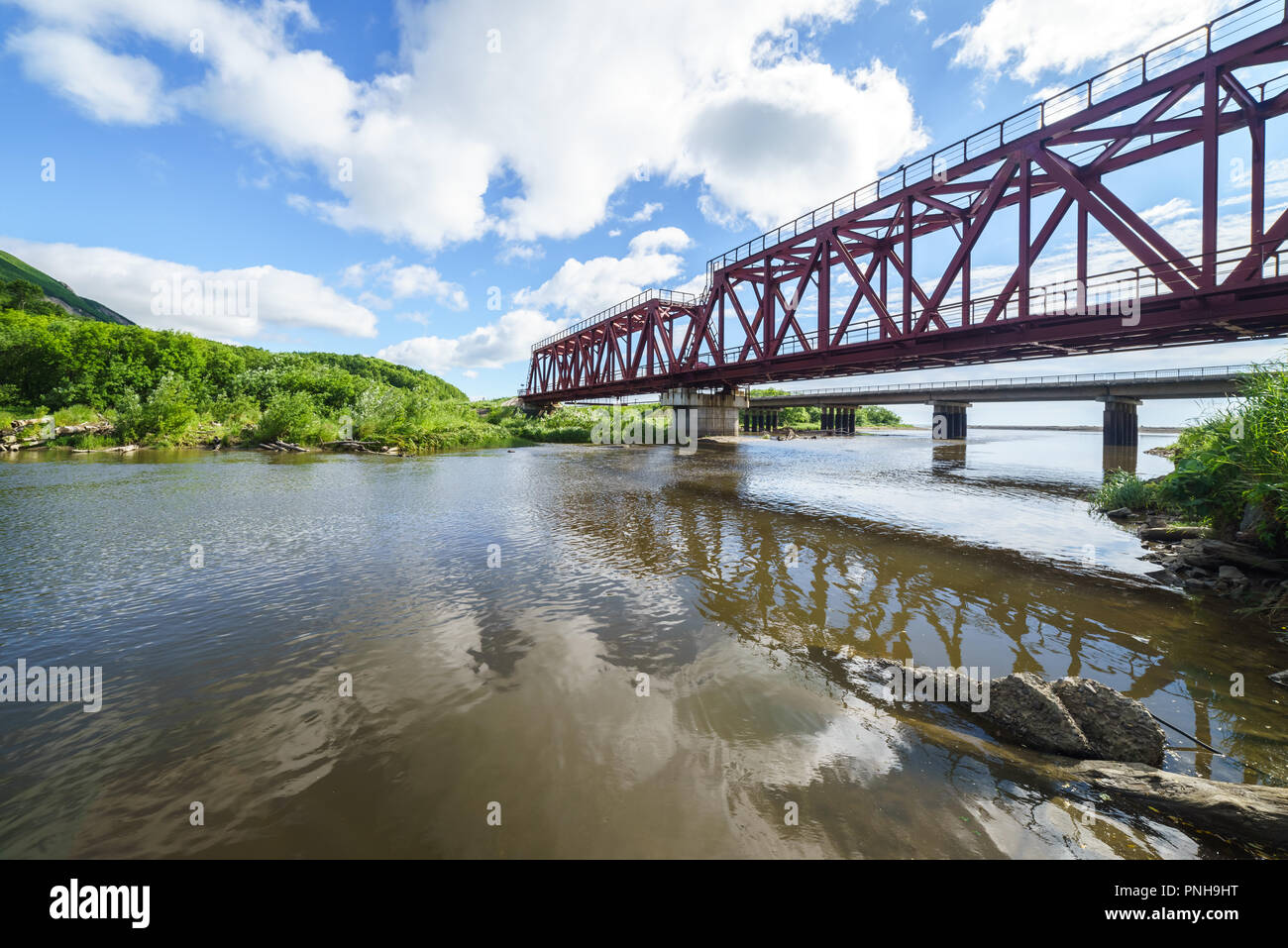 Bridge over the river on a summer, Sakhalin Island, Russia Stock Photo ...