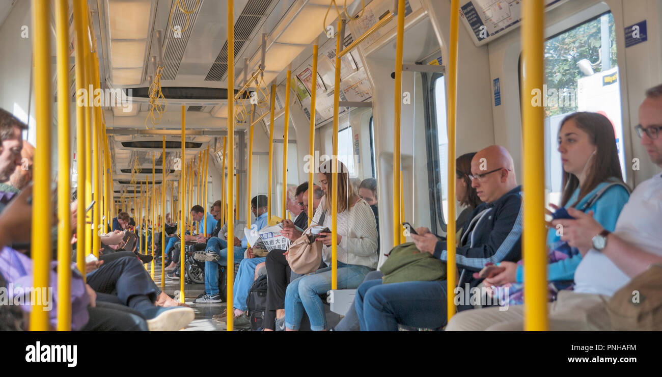 Inside a moving London Underground train on open section of line Stock ...