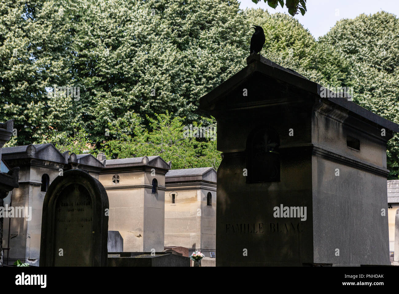 A raven perched on top of a tomb at Père Lachaise Cemetery, Paris ...