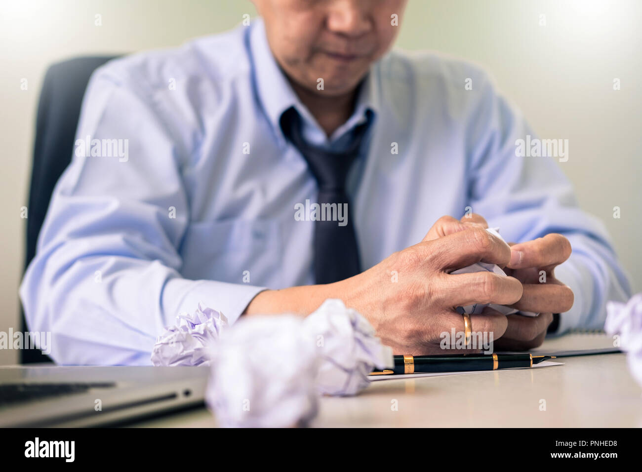 Depressed failure and tired businessman late sad and solving problem in ...