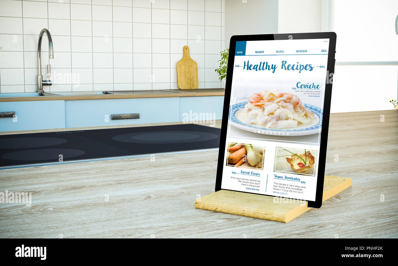 tablet pc mockup with healthy recipes website on screen on cooking ...