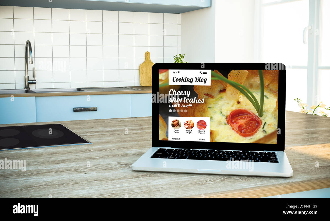 laptop cooking blog at the kitchen 3d rendering Stock Photo - Alamy