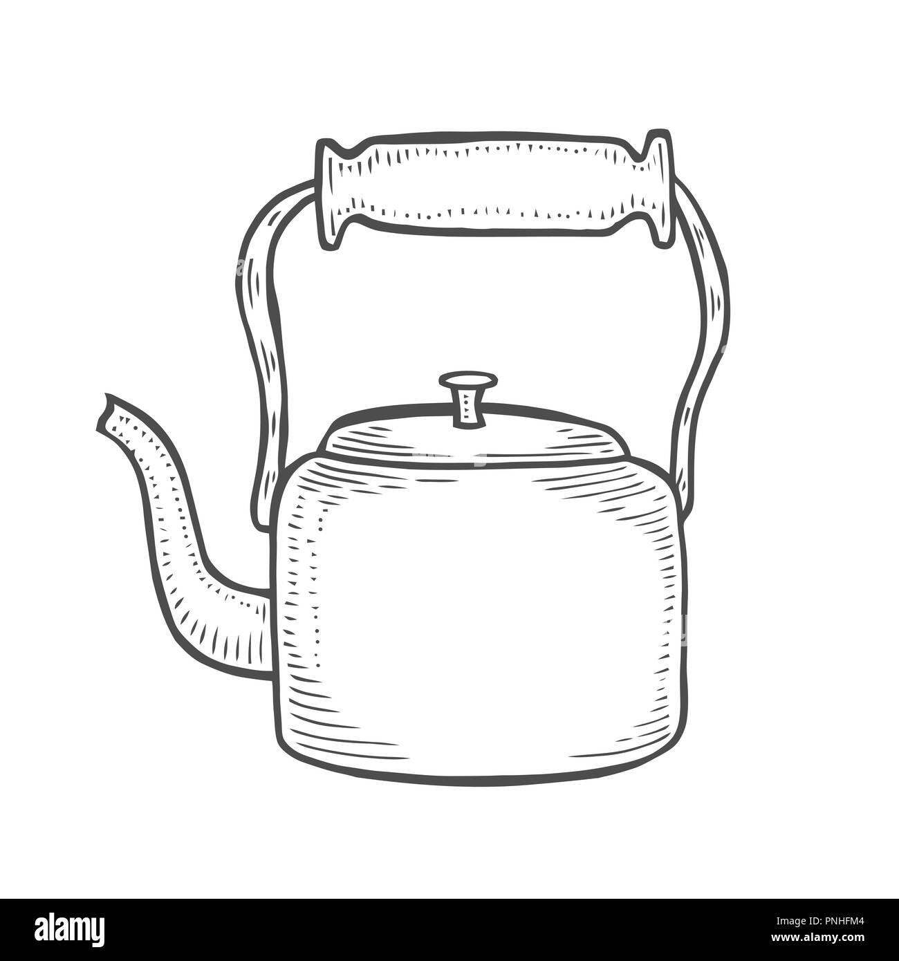 Vintage metallic kettle isolated on white in a graphic style. Drawing ...