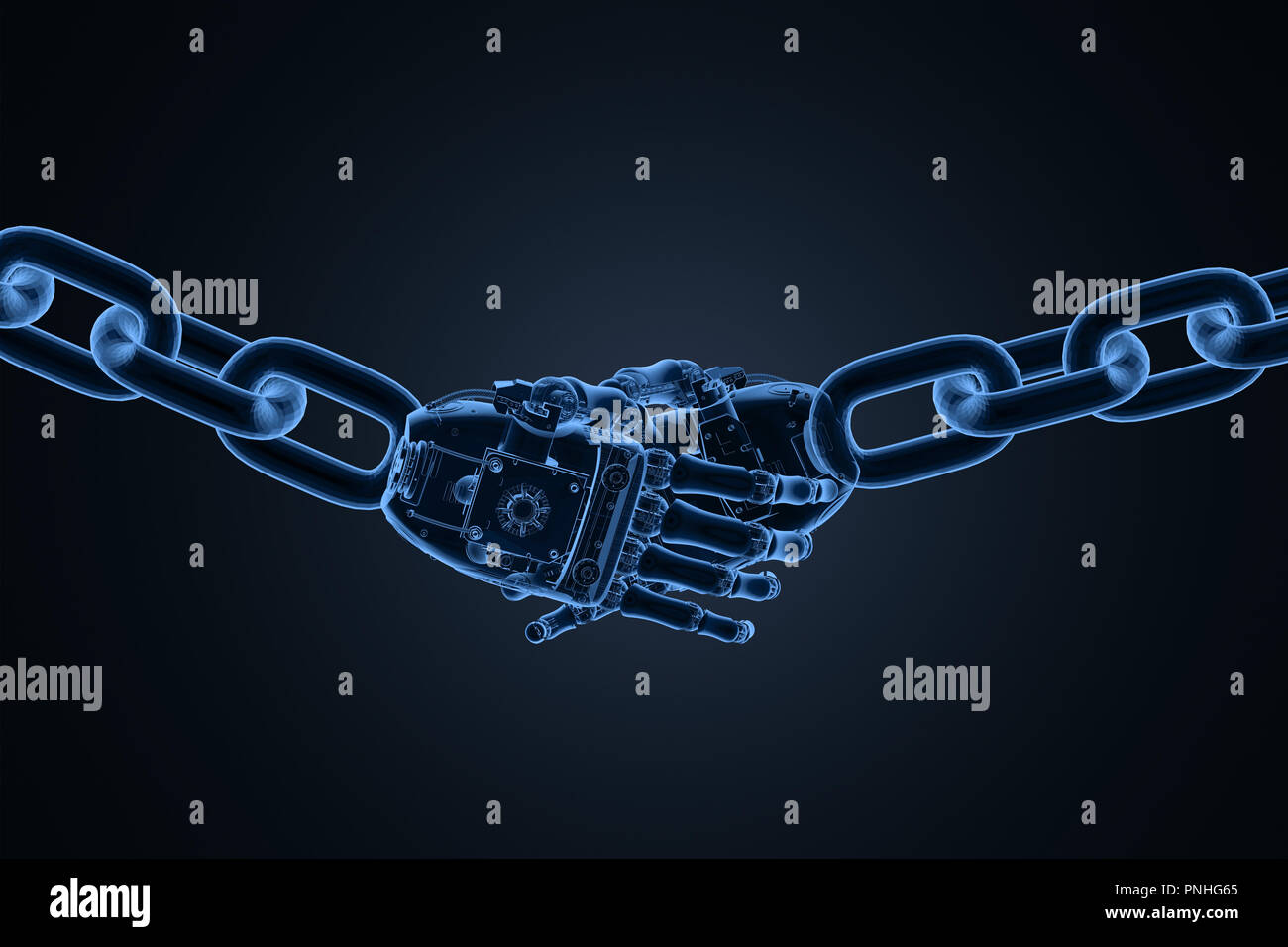 Blockchain Technology concept with 3d rendering x-ray robot hand shake ...