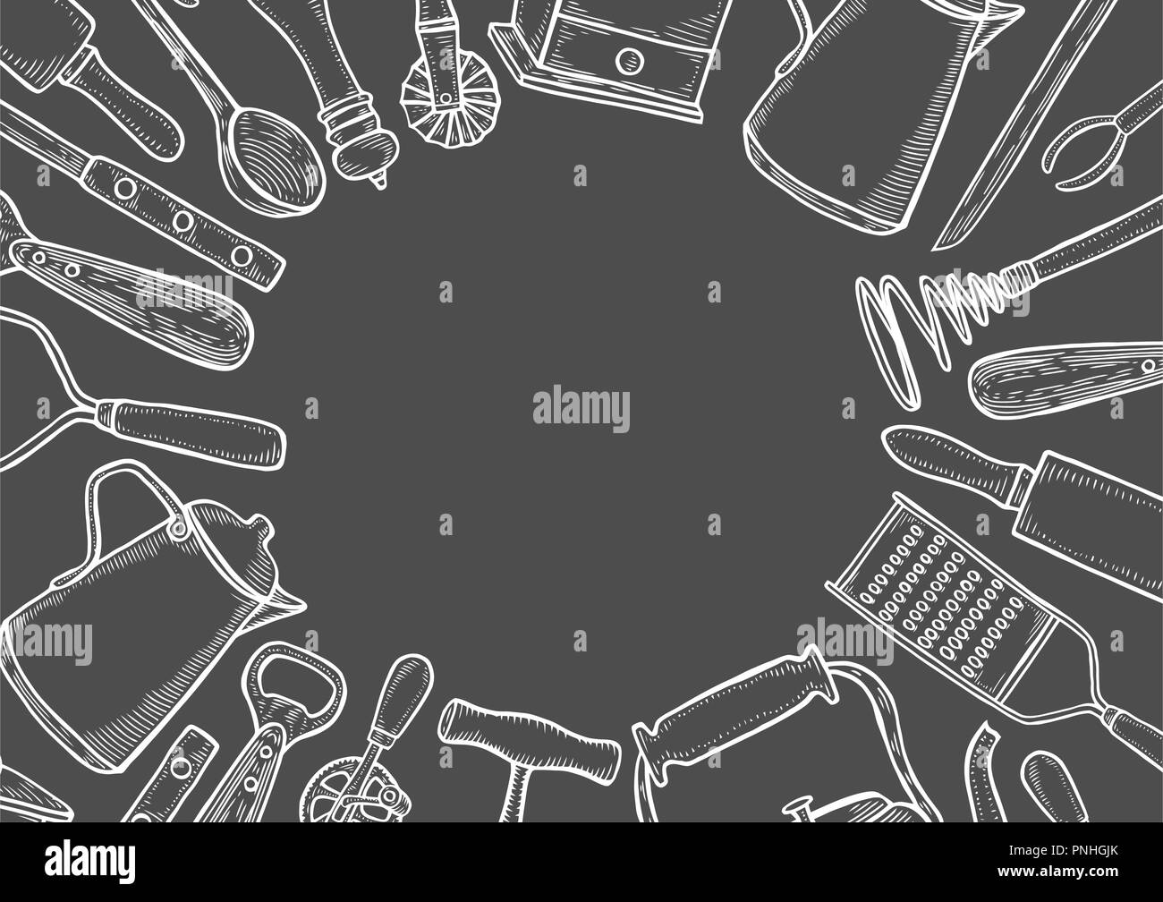 Background of Kitchen utensils set. Vector large collection hand drawn ...