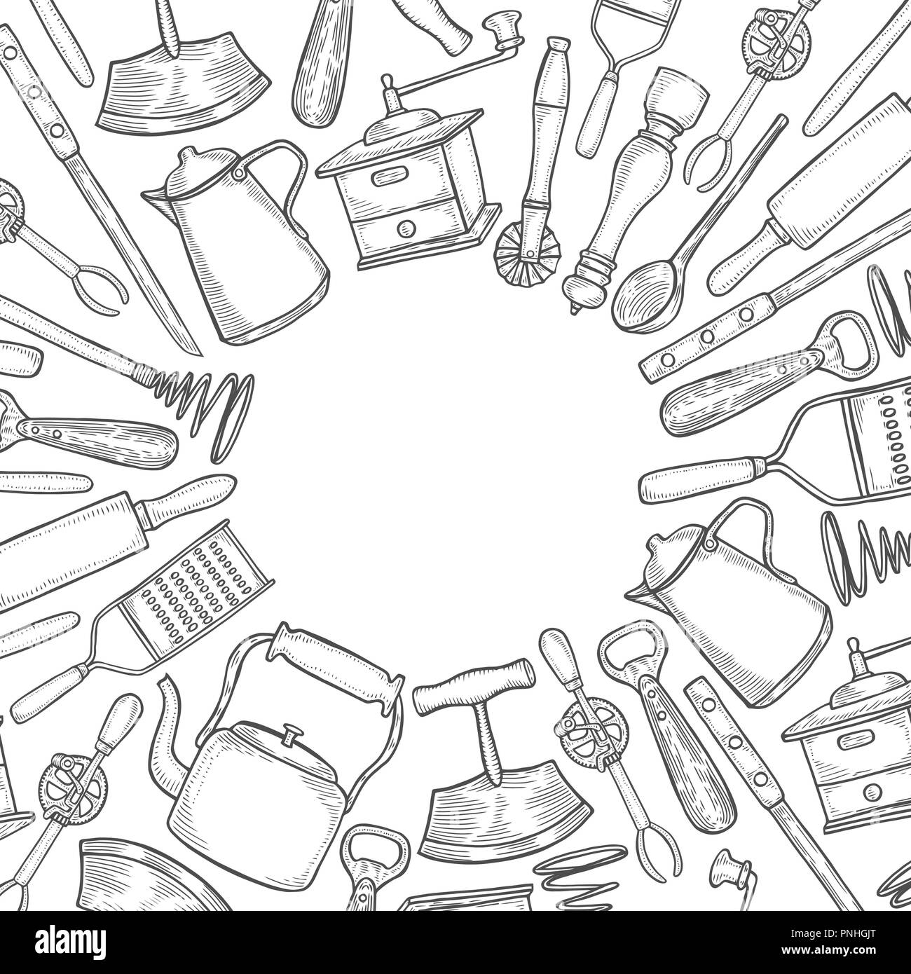Background of Kitchen utensils set. Vector large collection hand drawn ...