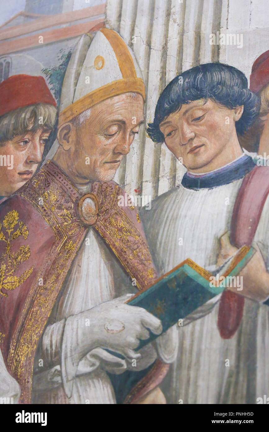 Renaissance Fresco depicting a Bishop reading from the Bible in the ...