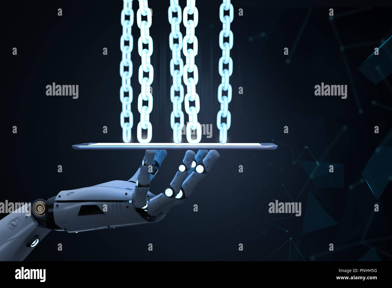 Blockchain Technology concept with 3d rendering robot arm with chain on ...