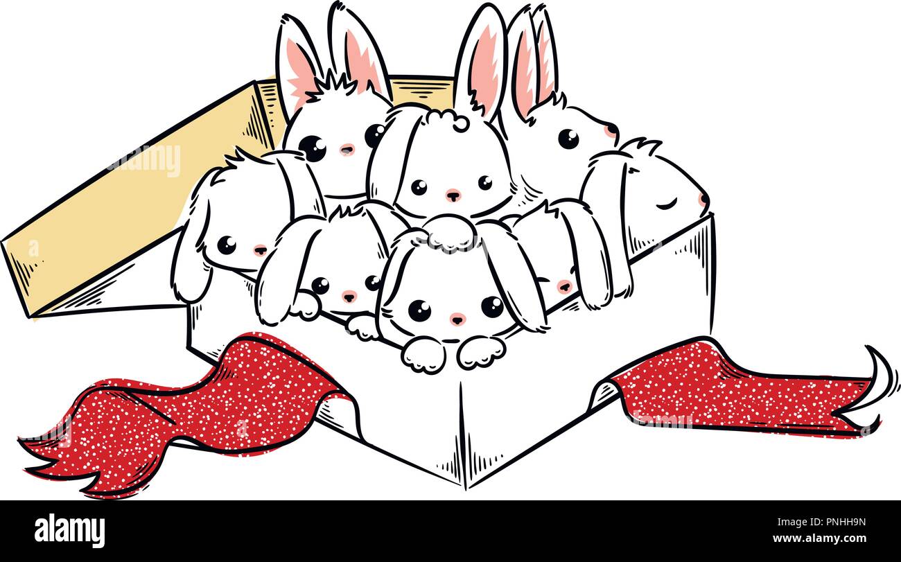 Holiday card with Cute Rabbits in a present box. Cartoon vector ...
