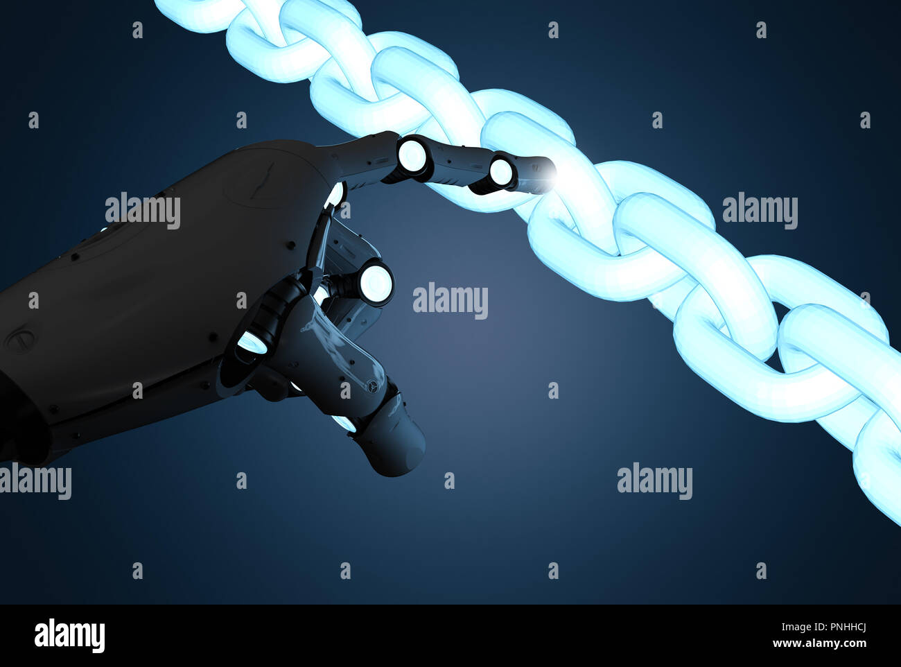 Blockchain Technology concept with 3d rendering robot arm with chain ...