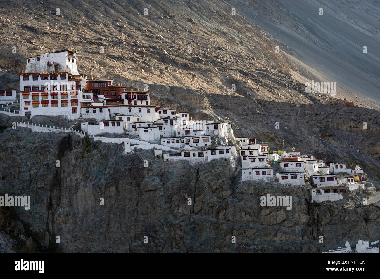Complete view of the Diksit monastery in the Nubra valley region of ...