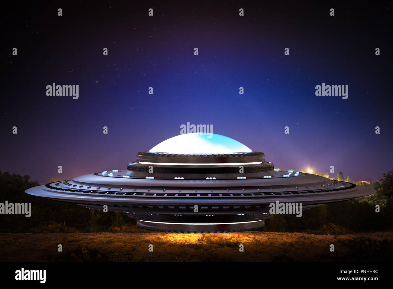 3d rendering metal ufo or alien spaceship on field Stock Photo - Alamy