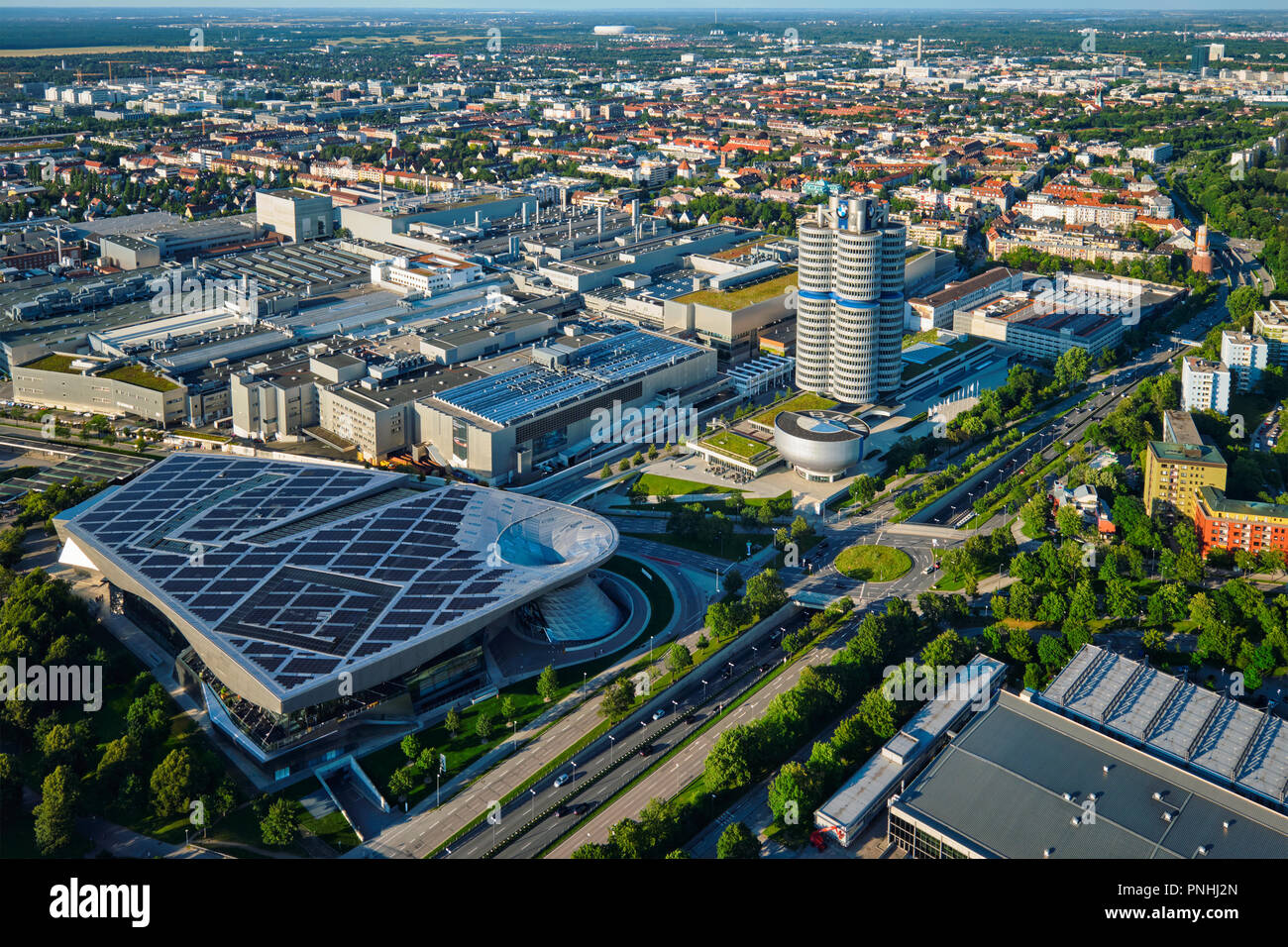 MUNICH, GERMANY - JULY 08, 2018: Aerial view of BMW Museum and BWM Welt ...