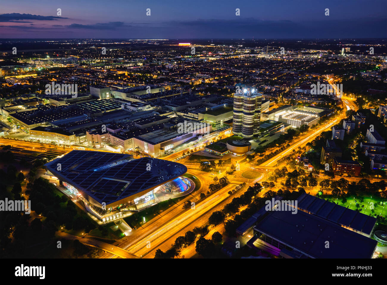 MUNICH, GERMANY - JULY 08, 2018: Aerial view of BMW Museum and BWM Welt ...