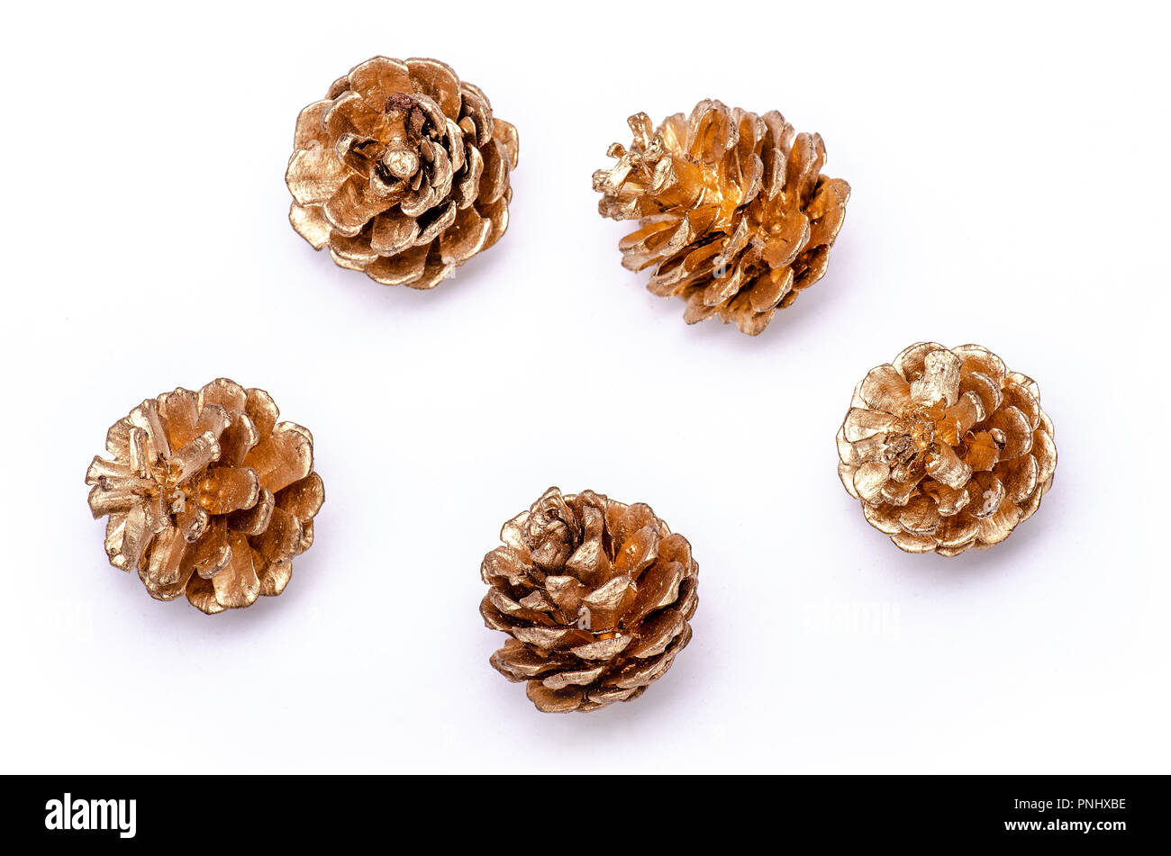 five golden pine cone on a white background Stock Photo - Alamy