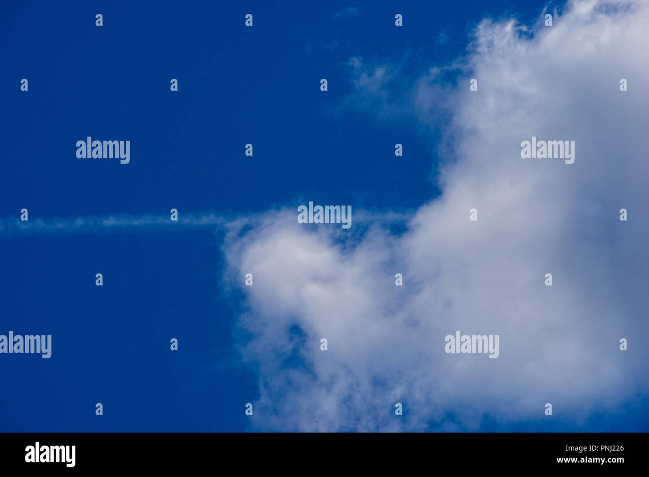 Cumulus summer clouds in the blue sky. White aircraft vapor trail ...