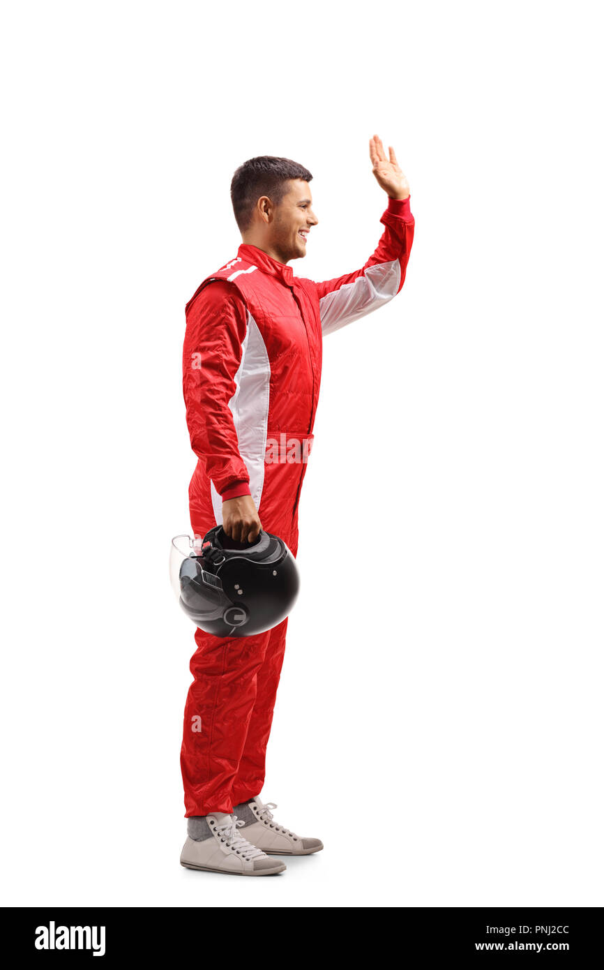 Racer standing in profile and gesturing hi isolated on white background ...