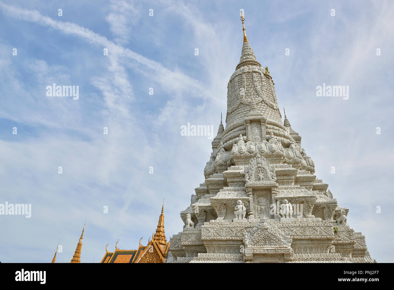 Low angle shot of heavily ornate Silver Pagoda inside the Royal Palace ...
