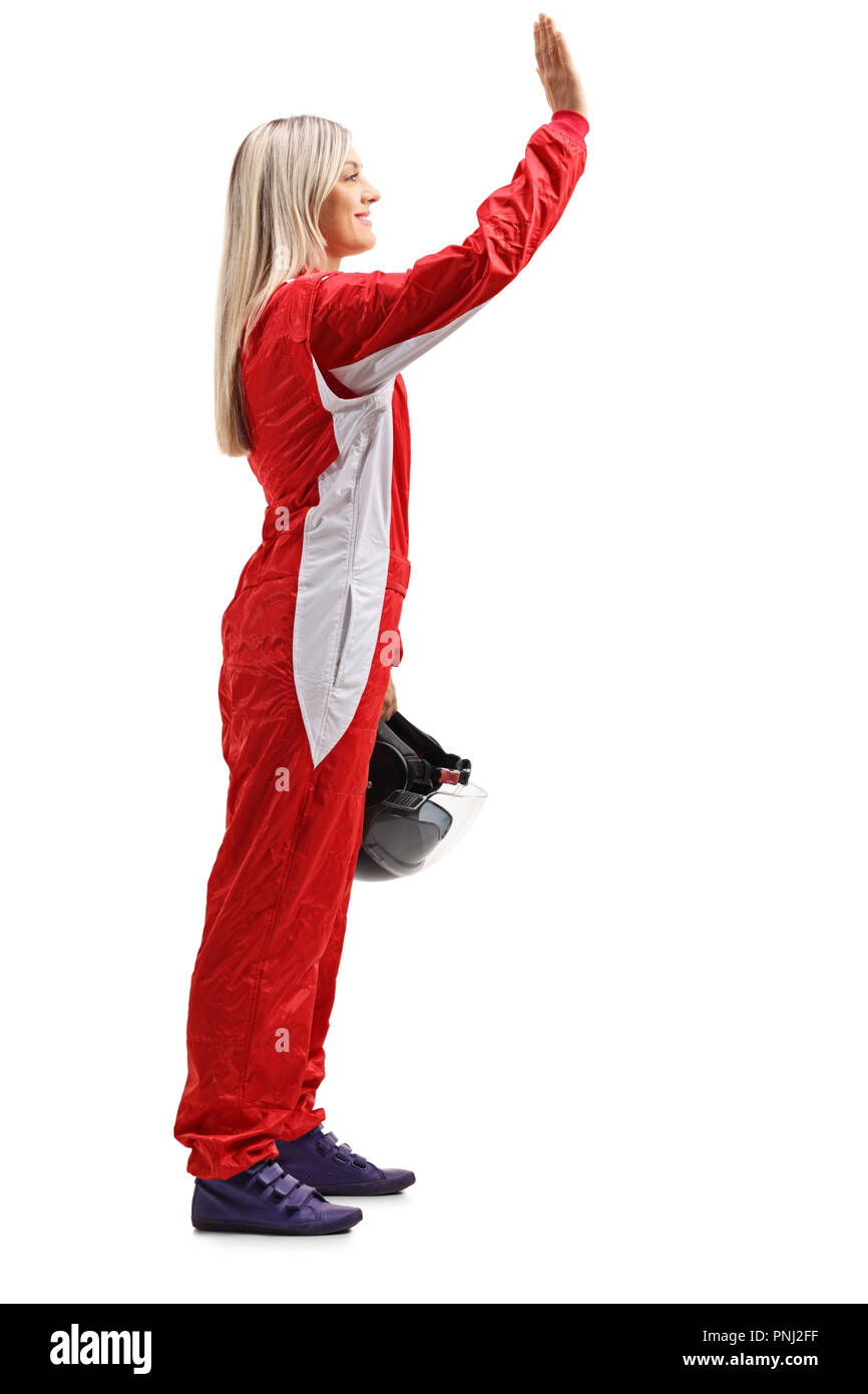 Female racer standing in profile and gesturing hi isolated on white ...