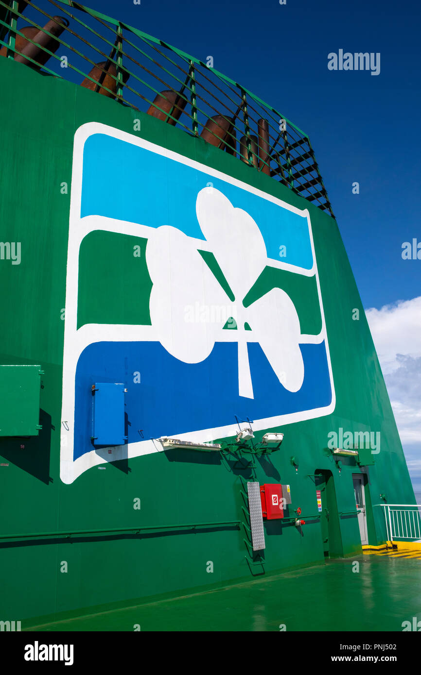Irish Sea, Ireland - August 12th 2018: The Irish Ferries logo, onboard ...