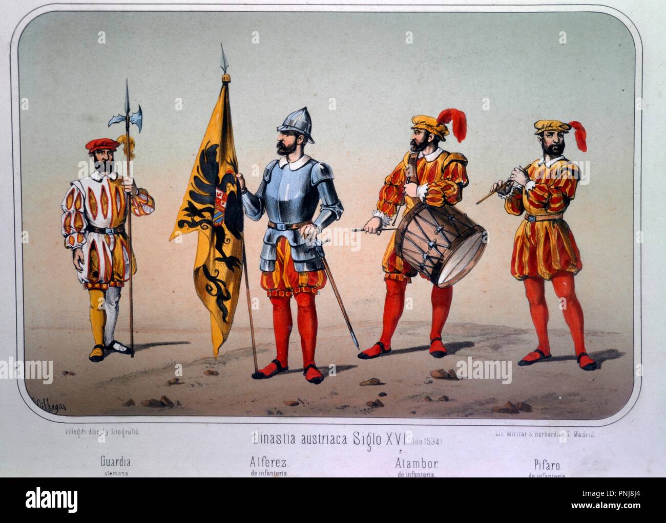 Reinado de Carlos V (1517 a 1556). Guardia, Alférez y Músicos en el año ...