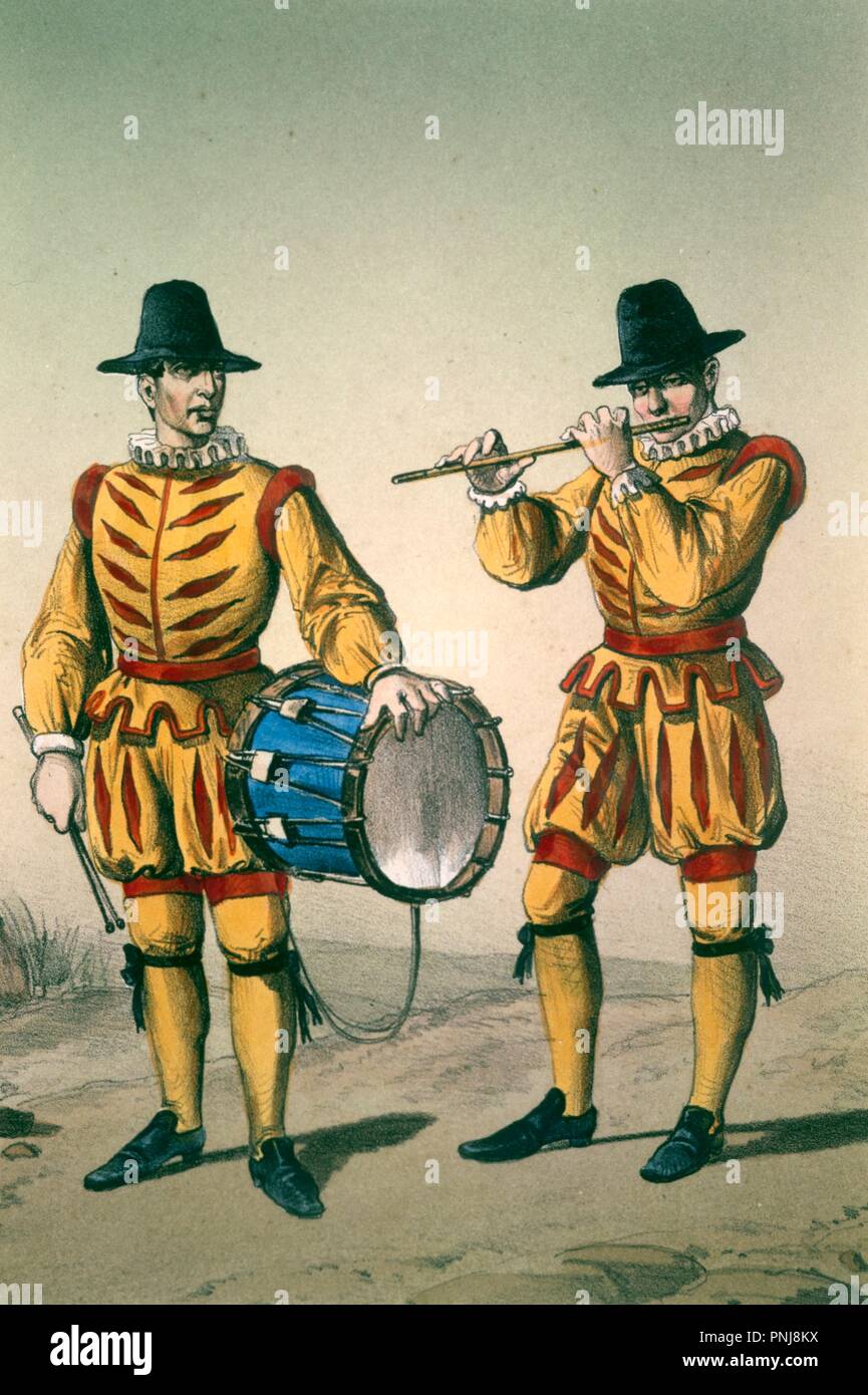 Reinado de Felipe II (1556 a 1598). Atambor y Pífano en el año 1560 ...