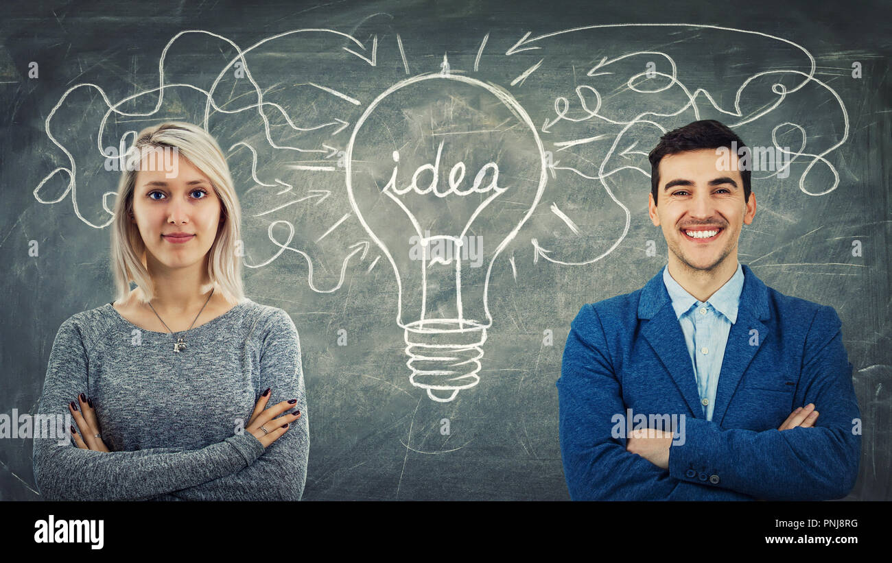 Man and woman have the same common idea, sharing thoughts together as ...