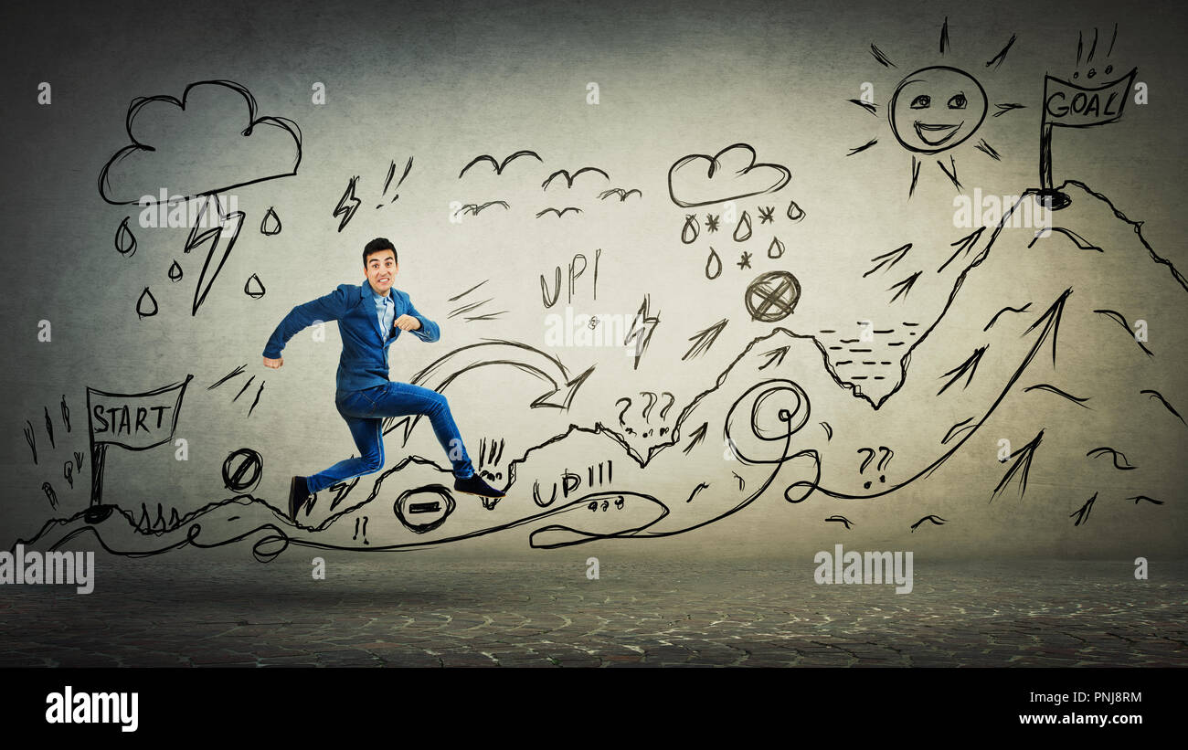 Businessman in suit running life quest with obstacles. Self overcome ...