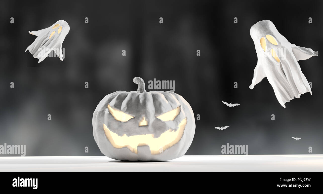 Halloween pumpkin with ghosts and bats 3d-illustration halloween ...