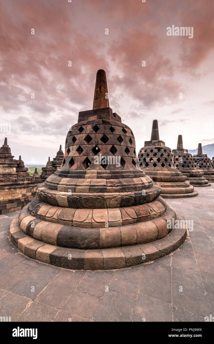 Stupas, Candi Borobudur buddhist temple, Muntilan, Java, Indonesia ...