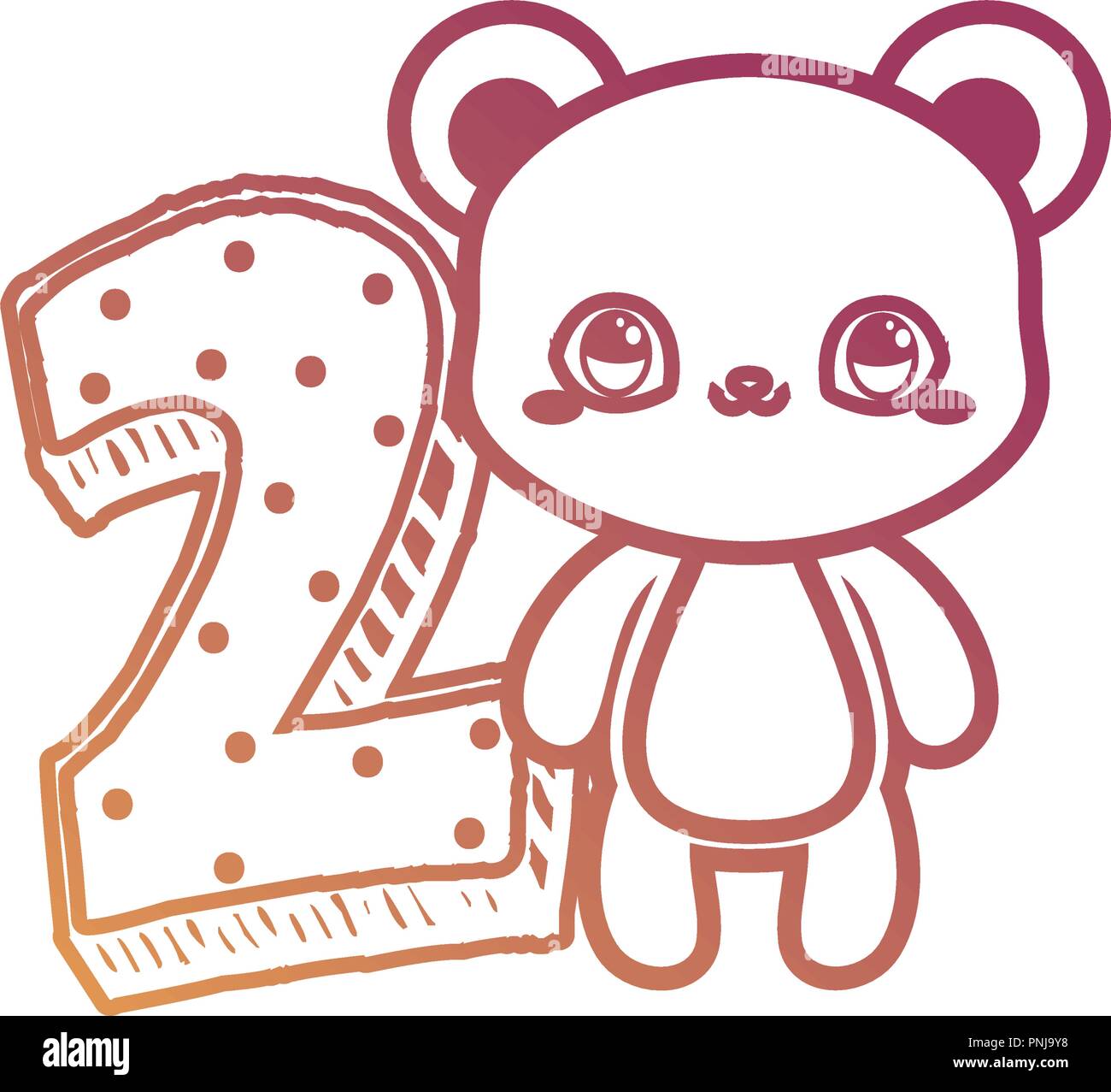 cute bear cartoon with two number decoration neon vector illustration ...